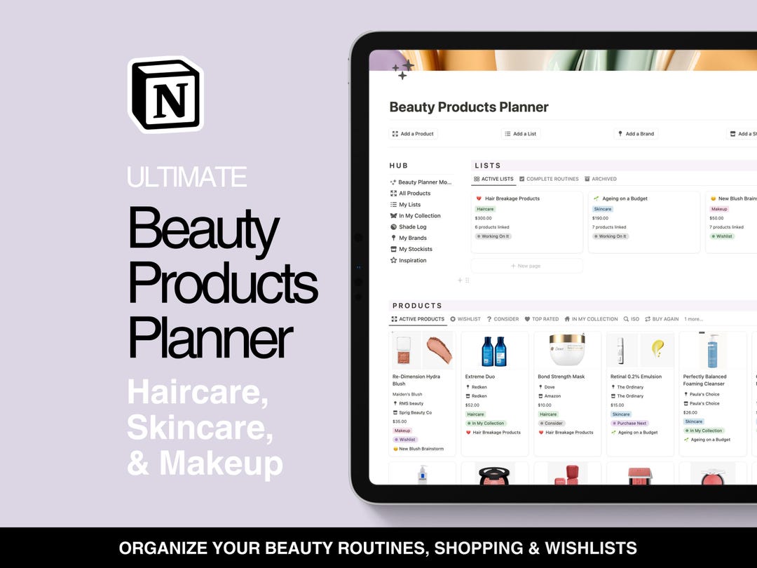 Beauty Planner. Notion Template. Makeup, Haircare, Skincare. Beauty ...