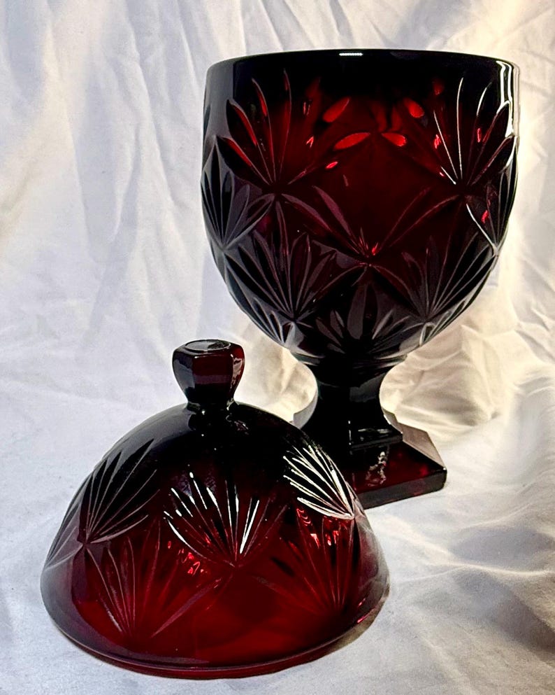 Vintage Ruby Red Glass Pedestal Candy Dish With Lid – Cut Glass Egg ...