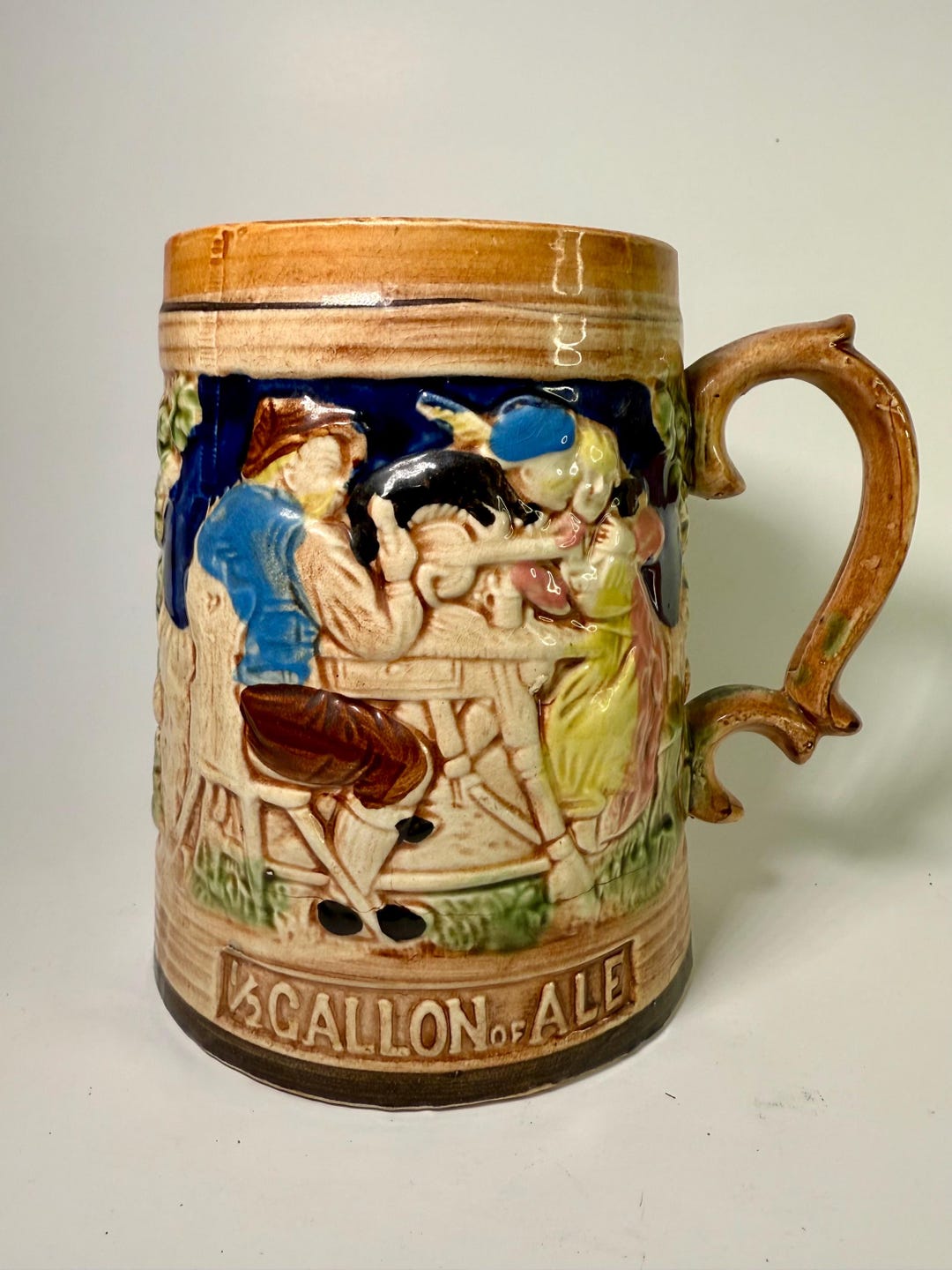 Vintage Majolica Style Half Gallon Ale Tankard - Embossed Tavern Scene ...