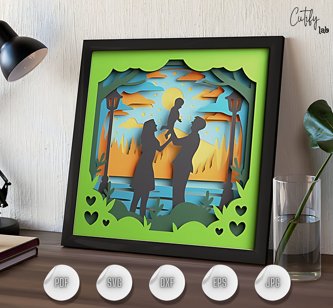Family Scene Photo 3D SVG Shadow Box, Layered Frame, DIY Paper Cut ...