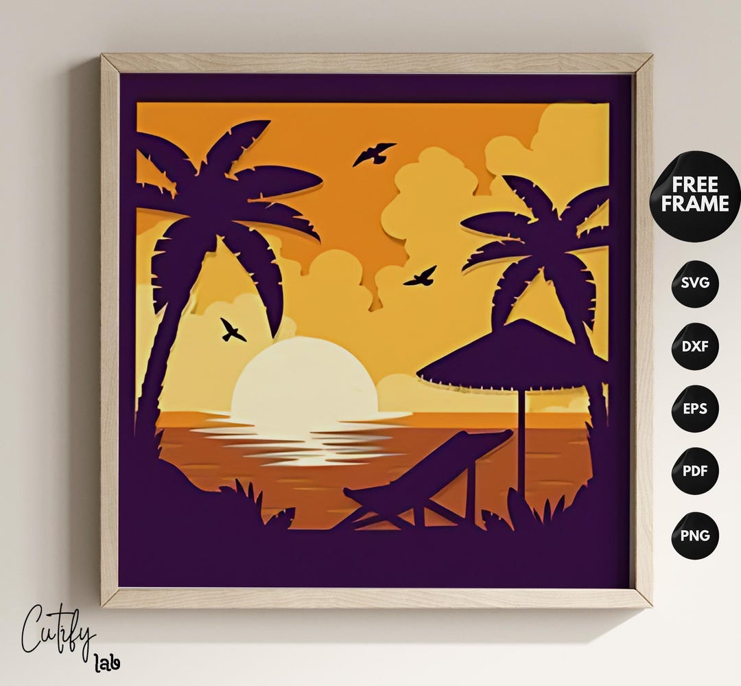Beach 3D Shadow Box Paper Cut Files, Summer Shadow Box SVG Paper Cuting ...