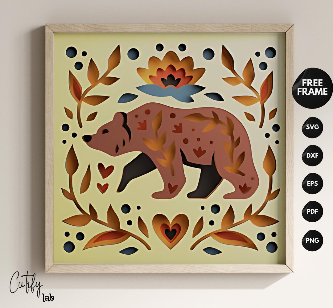 3D Bear Shadow Box SVG, Folk Art Woodland Decor, Layered Wildlife Paper ...