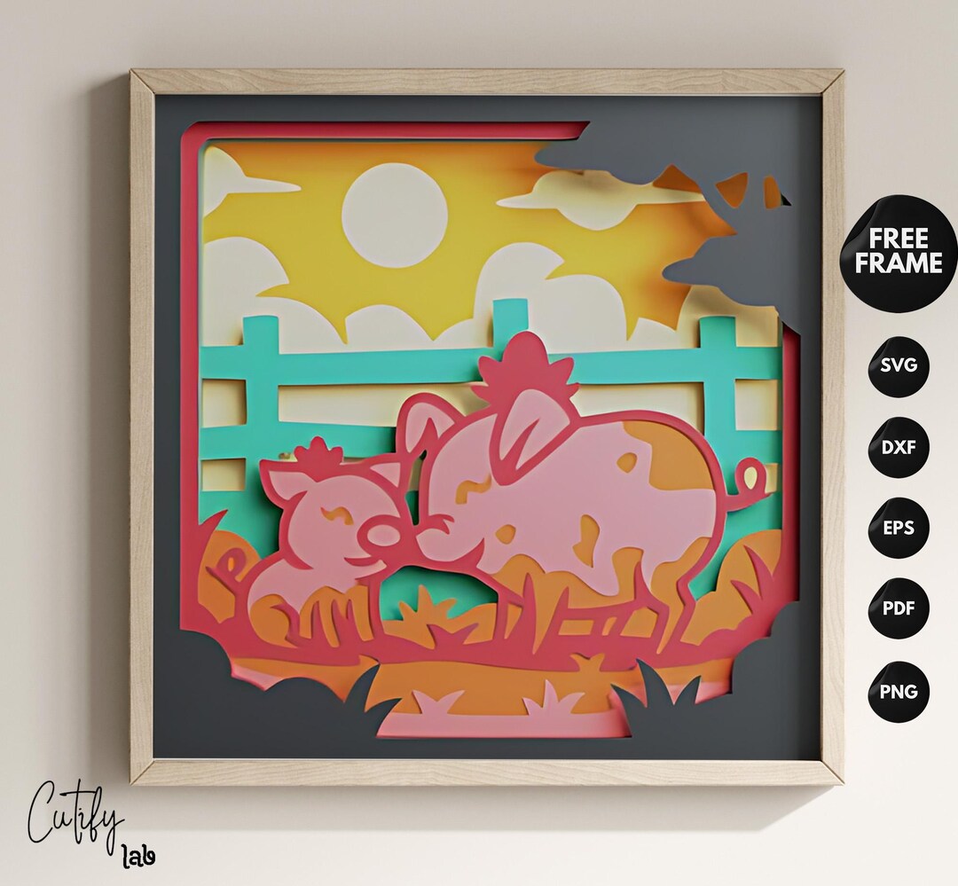 Pig Mom and Baby 3D Shadow Box SVG, Farm Animal Shadow Box, Cute Farm ...