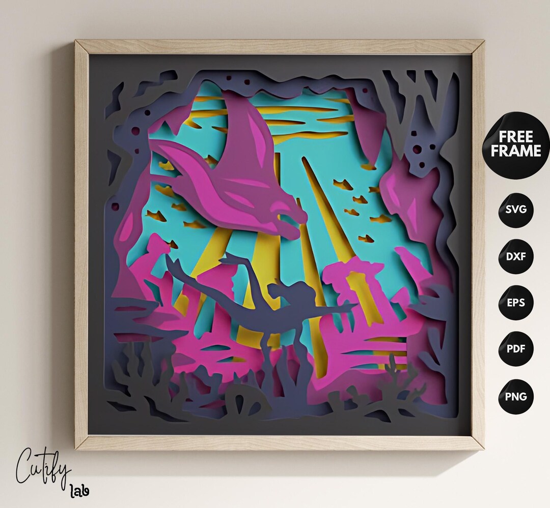 3d Manta Ray Shadow Box Svg, Layered Ocean Scene, Sea Life Paper Cut ...