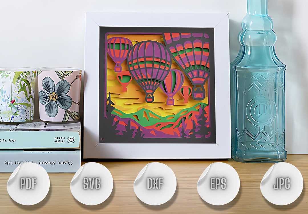 Mountain Lake Sunset Hot Balloon Shadow Box SVG Template, Layered ...