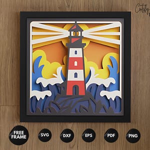 3D Lighthouse Shadow Box SVG, Coastal Beacon Layered Papercut, Nautical Decor, Ocean Waves ...
