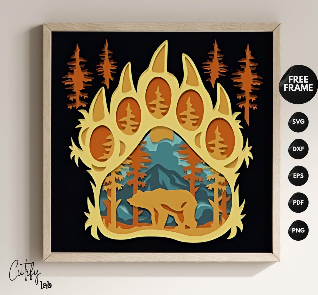 Bear Shadow Box SVG Paw Shadow Box Paper Cut 3D Bear Forest Shadow Box ...