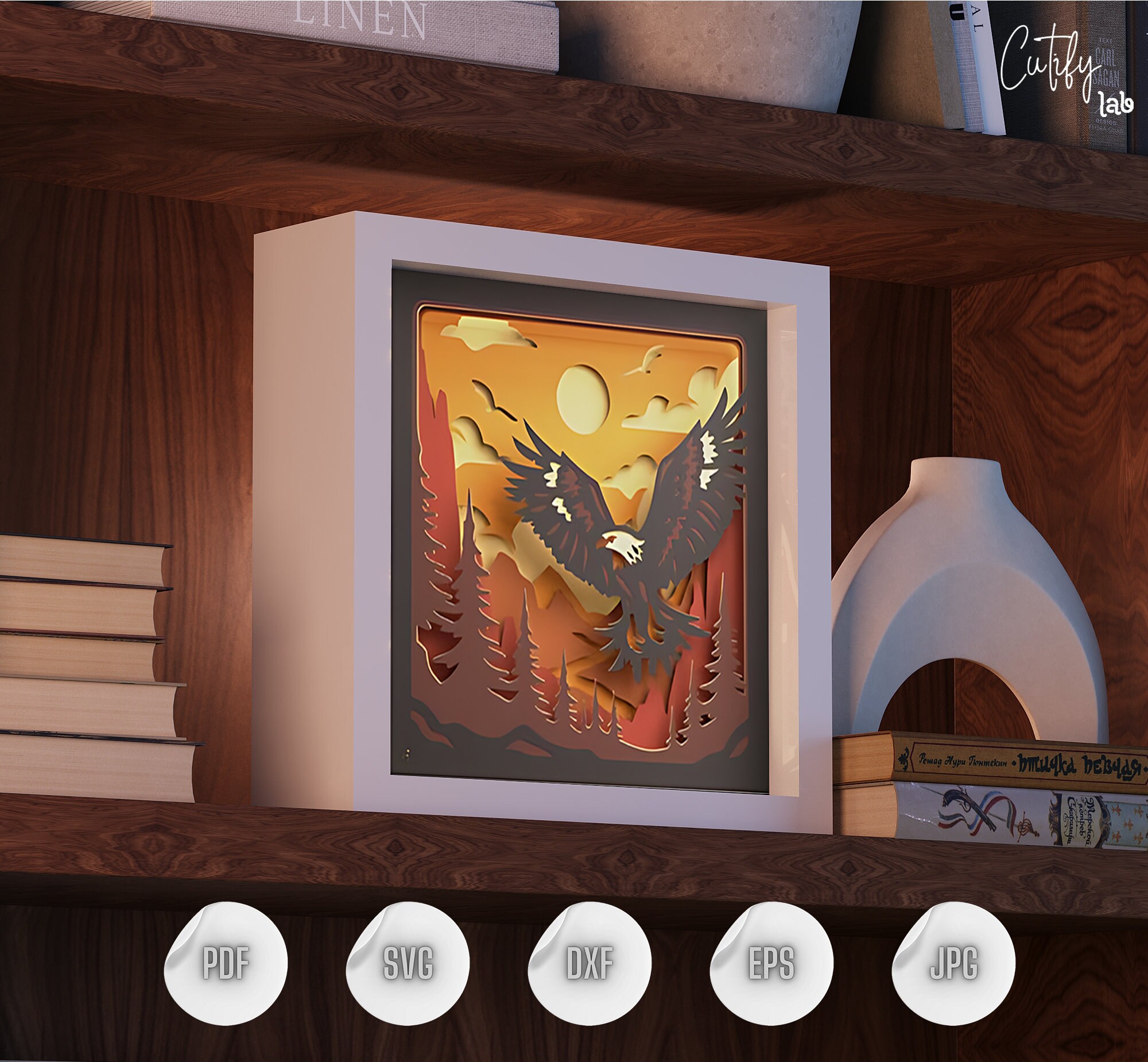 8x8 Shadow Box 3D Flying Eagle With Sunset , Animal Shadow Box SVG ...