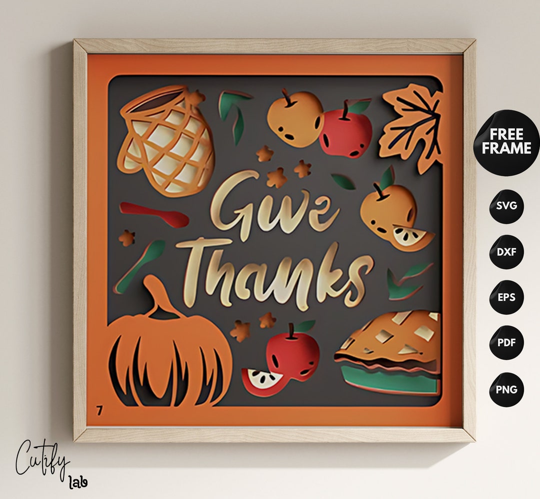 Give Thanks 3D SVG Shadow Box, Layered Thanksgiving Scene, DIY Paper ...