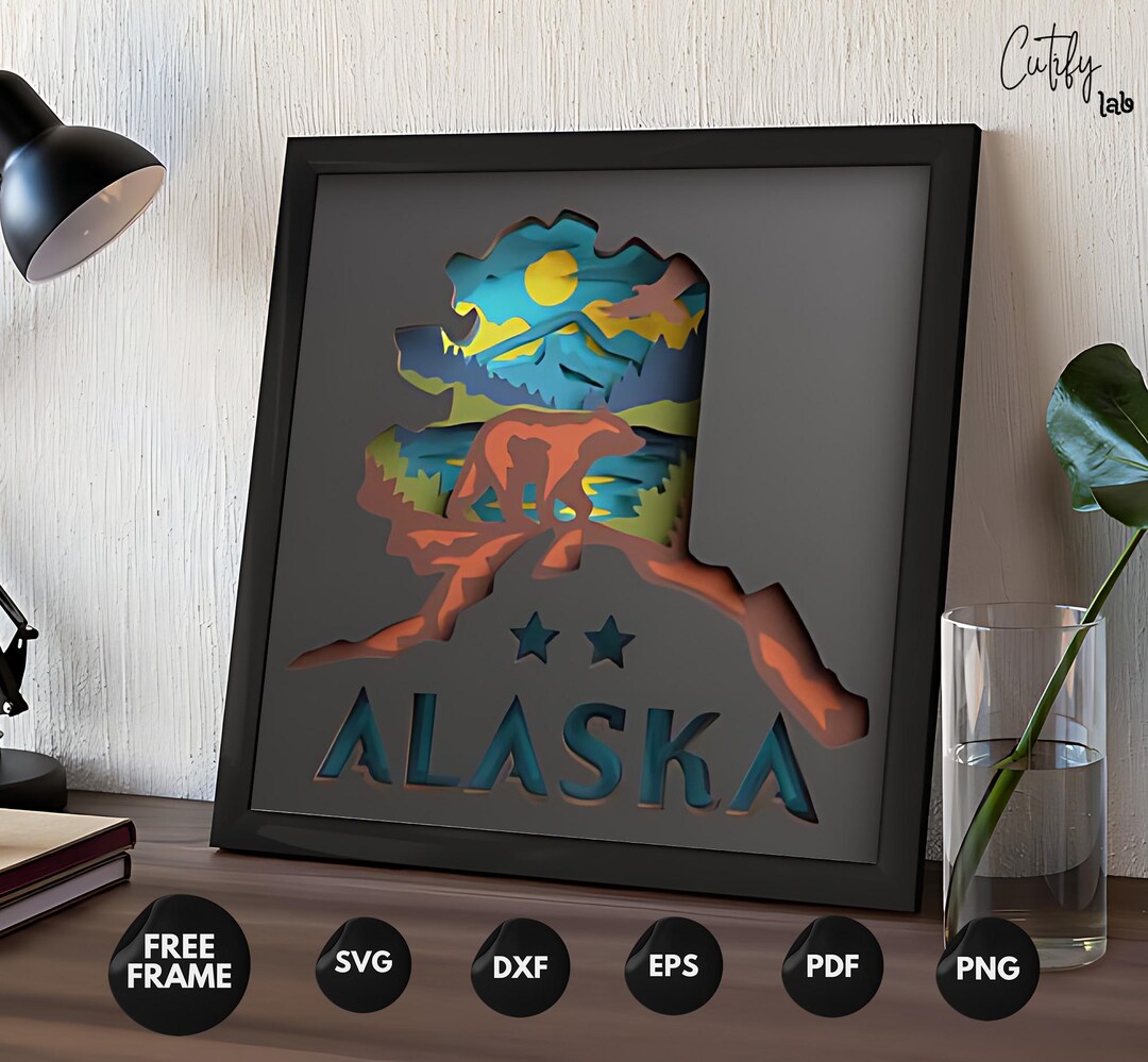 3D Alaska Shadow Box SVG, Layered Mountain Bear Scene, Wilderness Paper ...
