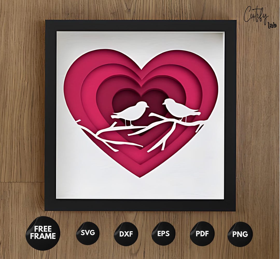 3D Heart Valentines Shadow Box SVG Birds Love Shadow Box SVG Valentines ...