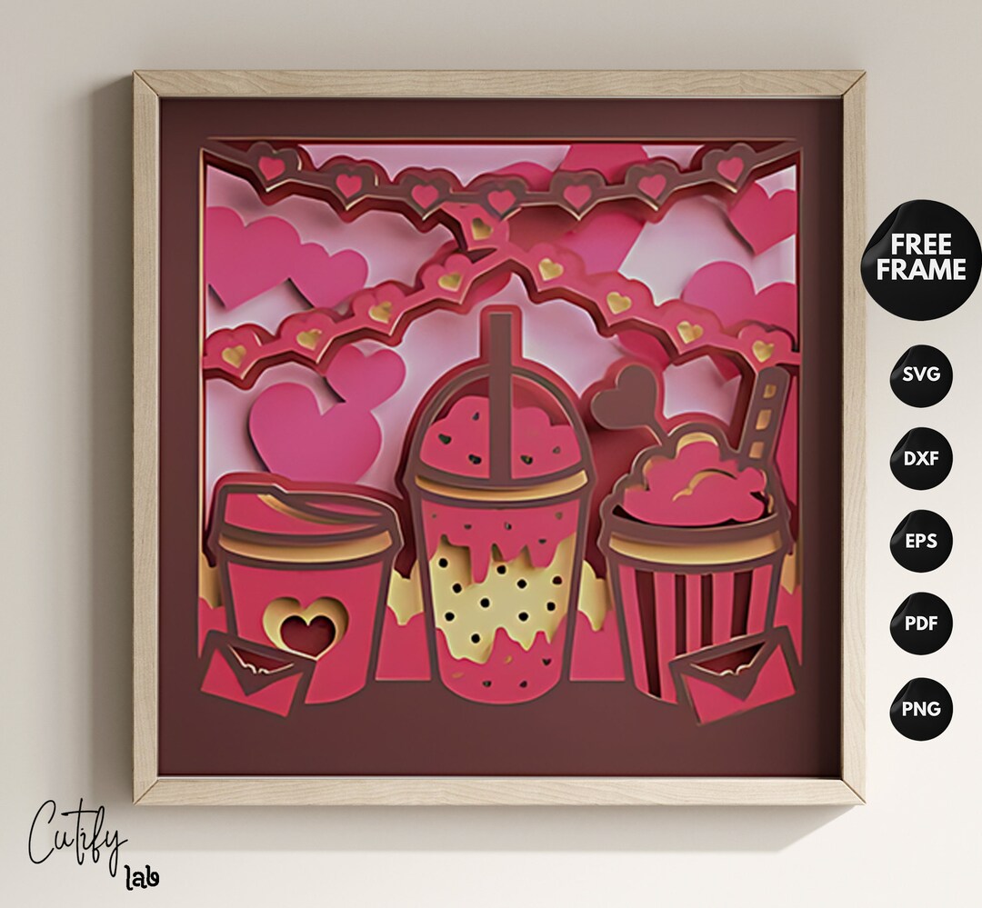 Pink Coffee Cupcake 3D SVG 8x8 Shadow Box Layered Coffee Art, Morning ...