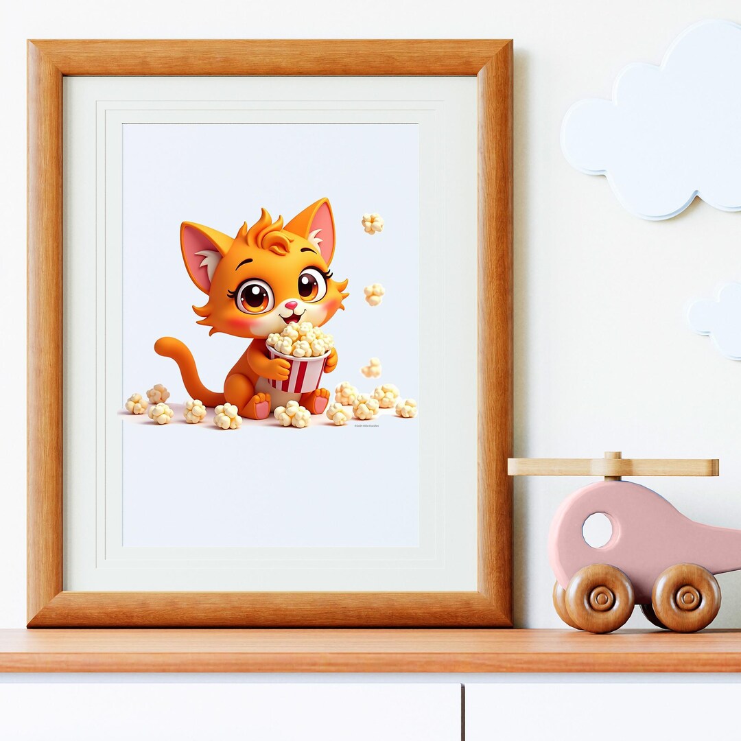 Popcorn Loving Cat Cute Snack Kitty Print for Kids Room Decor Fun Food ...