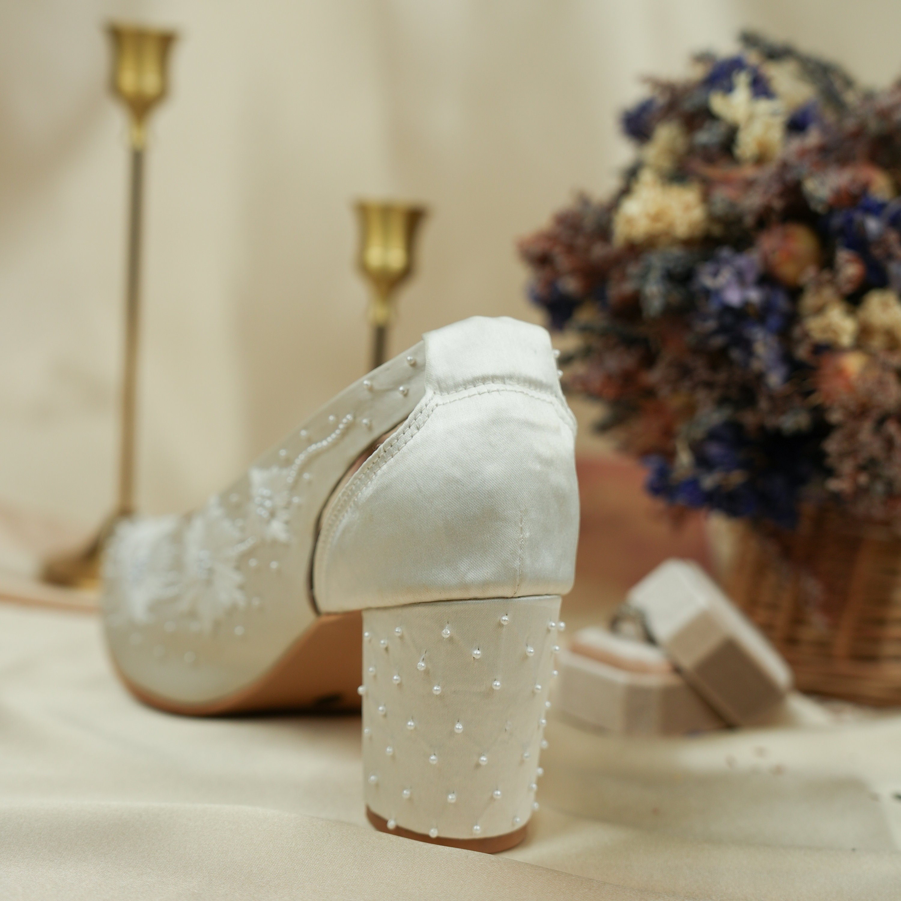 Customizable White Block Heels With Pearl and Floral Embroidery ...