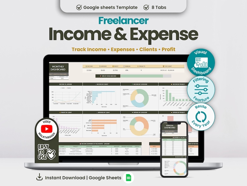 Freelancer Income and Expense Tracker Google Sheets | Finance ...