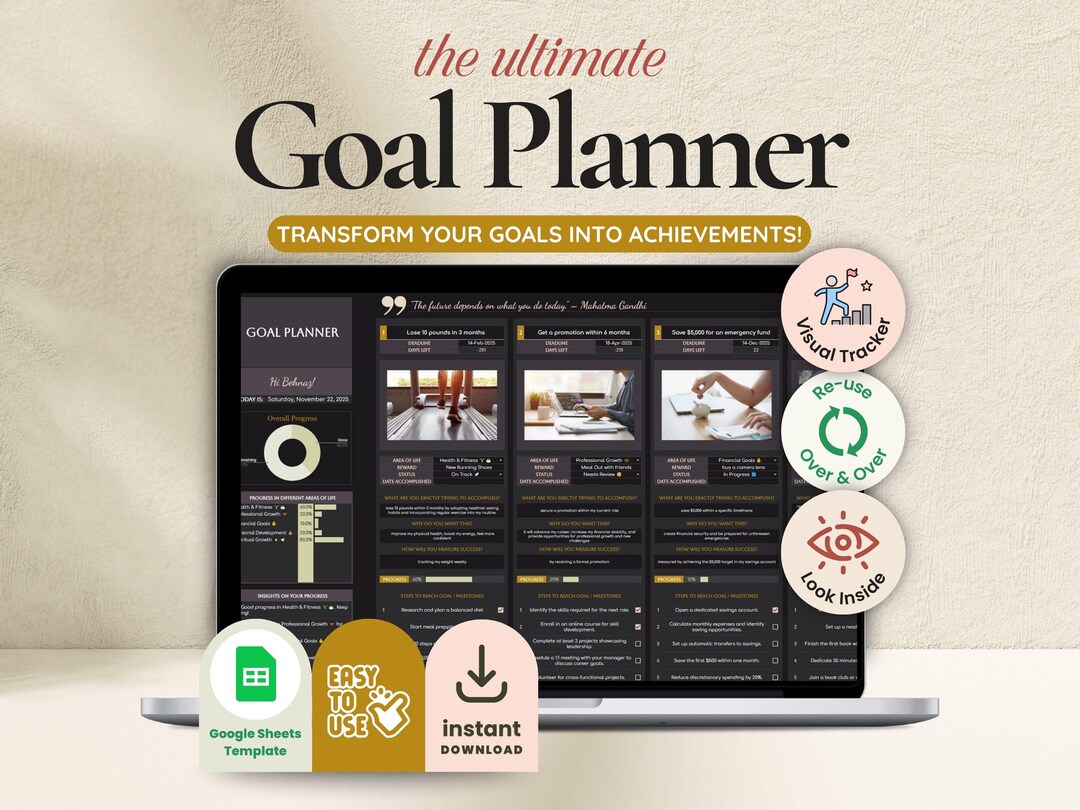 Dark Mode Goal Planner Google Sheets Template | Goal Setting ...