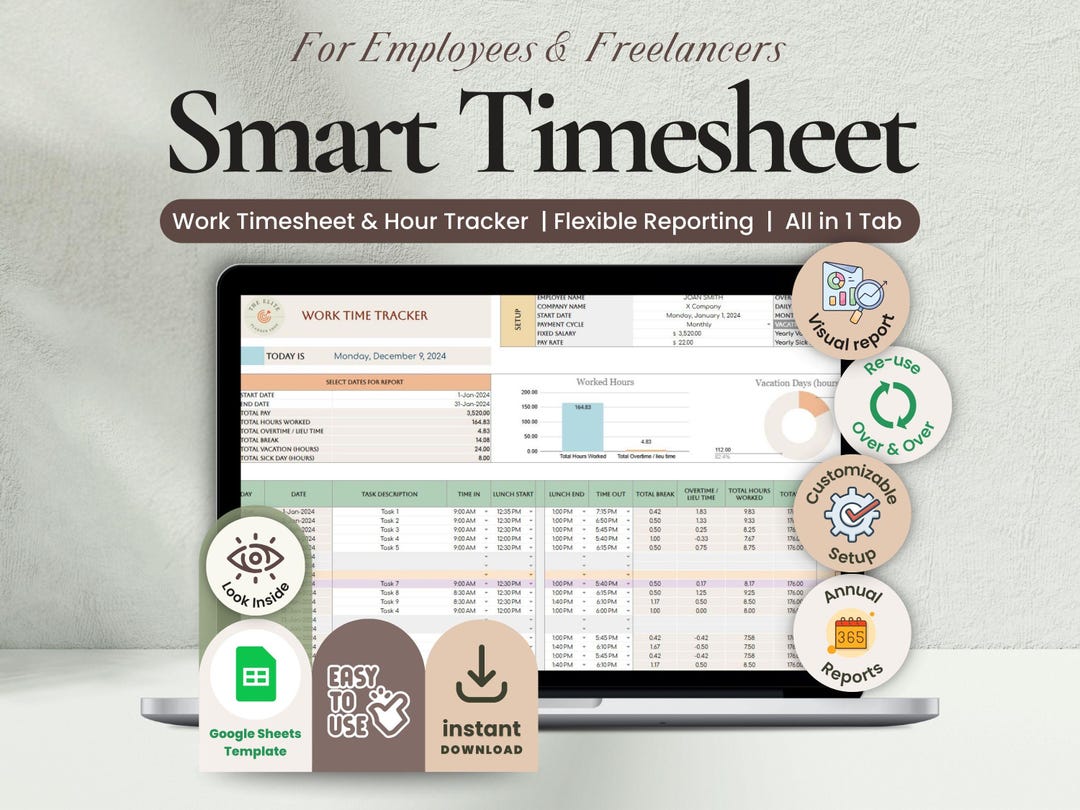 Work Time Tracker Google Sheets Template Employee Timesheet Work Hours ...