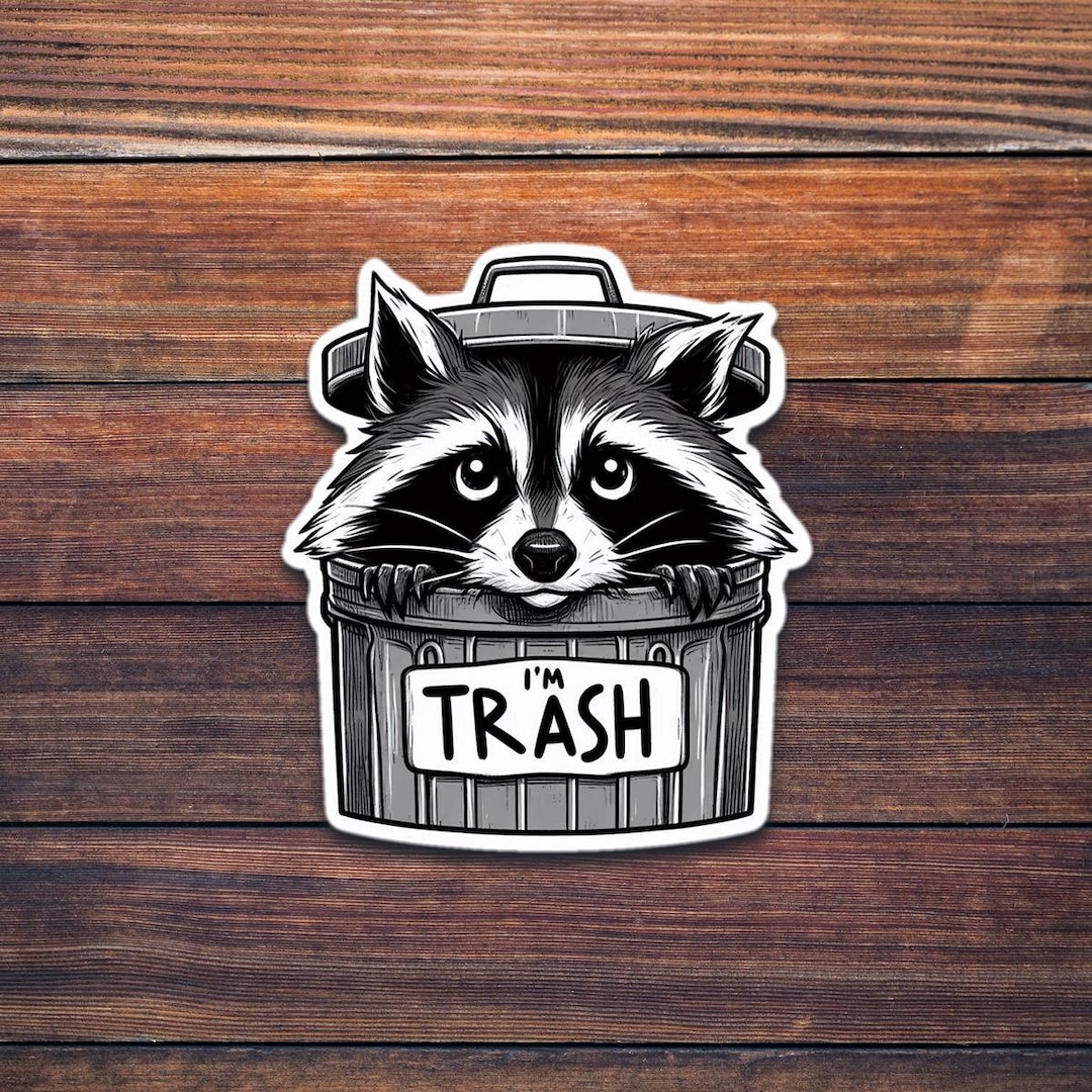 Cartoon I'm Trash Sticker, Raccoon Trashcan, Funny Meme Stickers ...