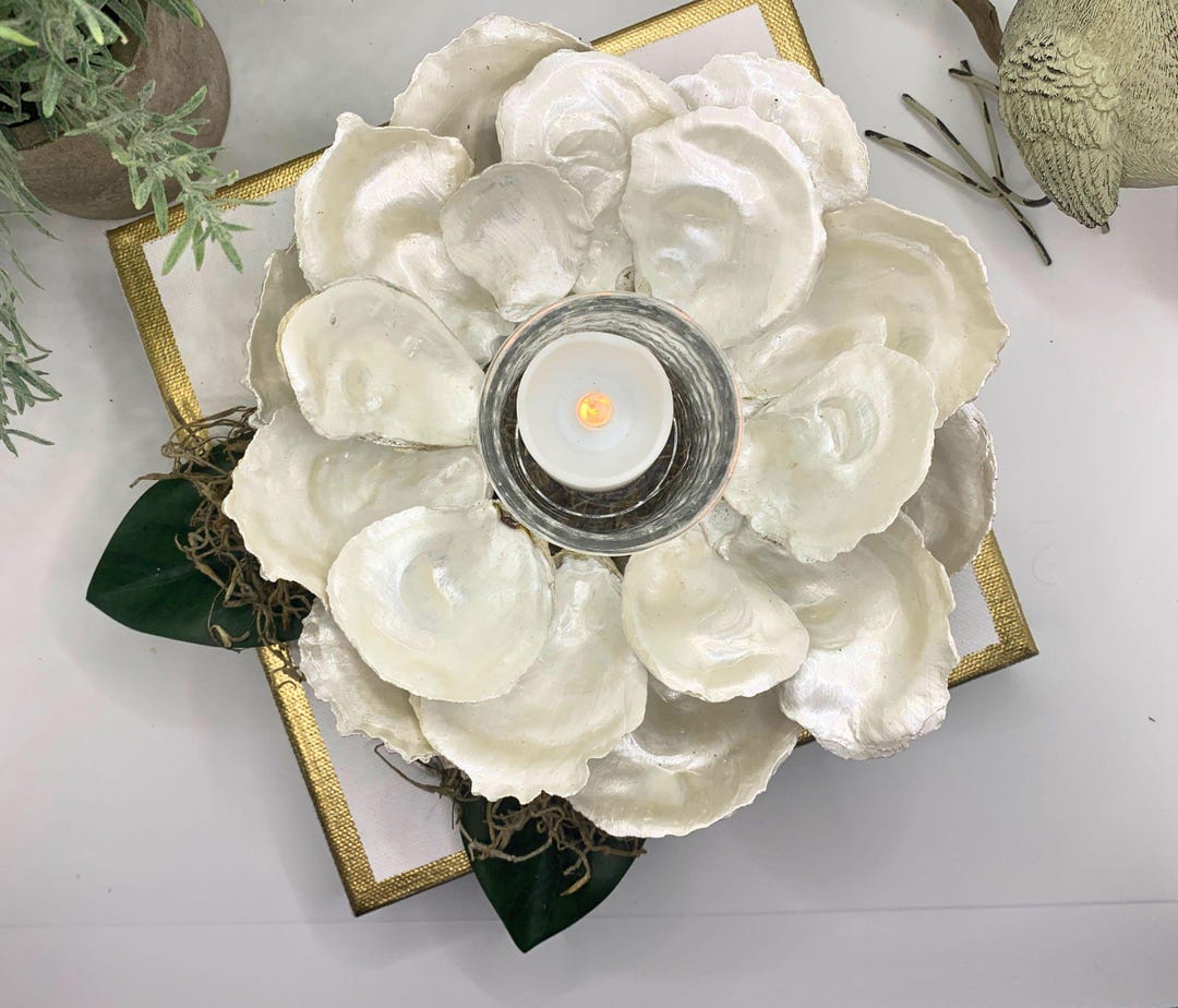 Large Oyster Shell Magnolia Flower Votive Candle Holder With Moss and ...