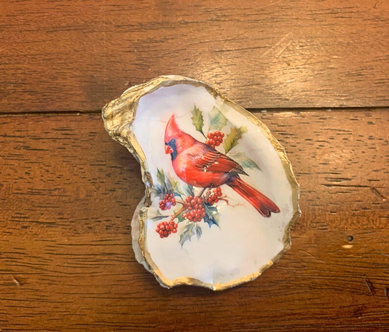 Red Cardinal Oyster Shell Ornaments, Bird Christmas Ornament, Decoupage ...