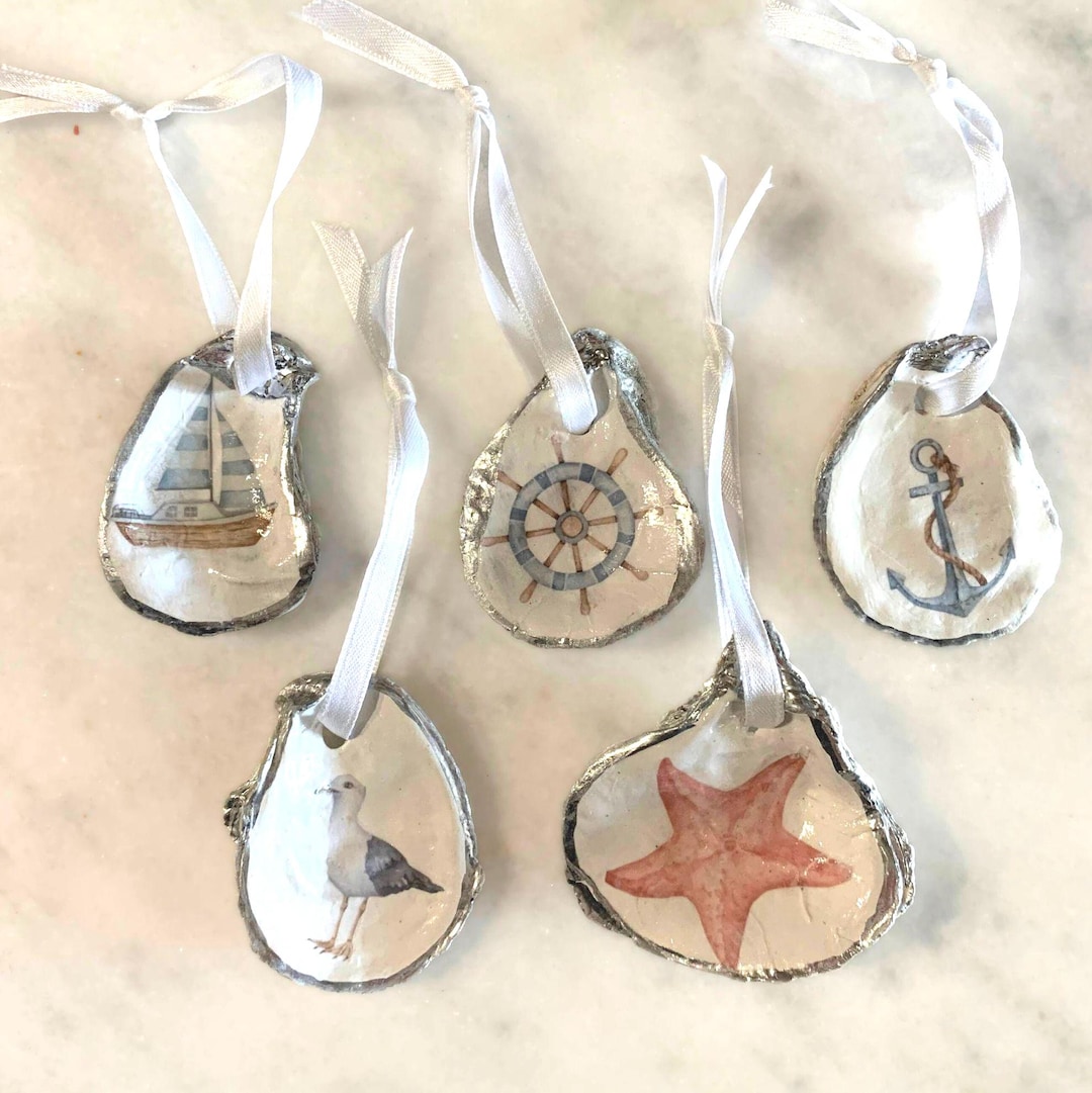 Small Beach Shell Ornaments, Coastal Oyster Shell Ornaments With White ...