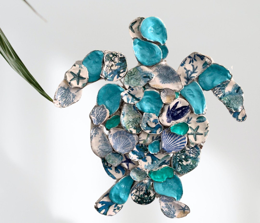 Sea Turtle Oyster Shell Wall Art, Coastal Themed Turtle Decor, Natural ...