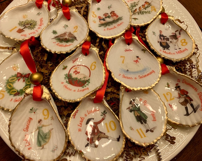 12 Days of Christmas Shell Ornaments, Set of 12 Decoupage Lima Shell ...