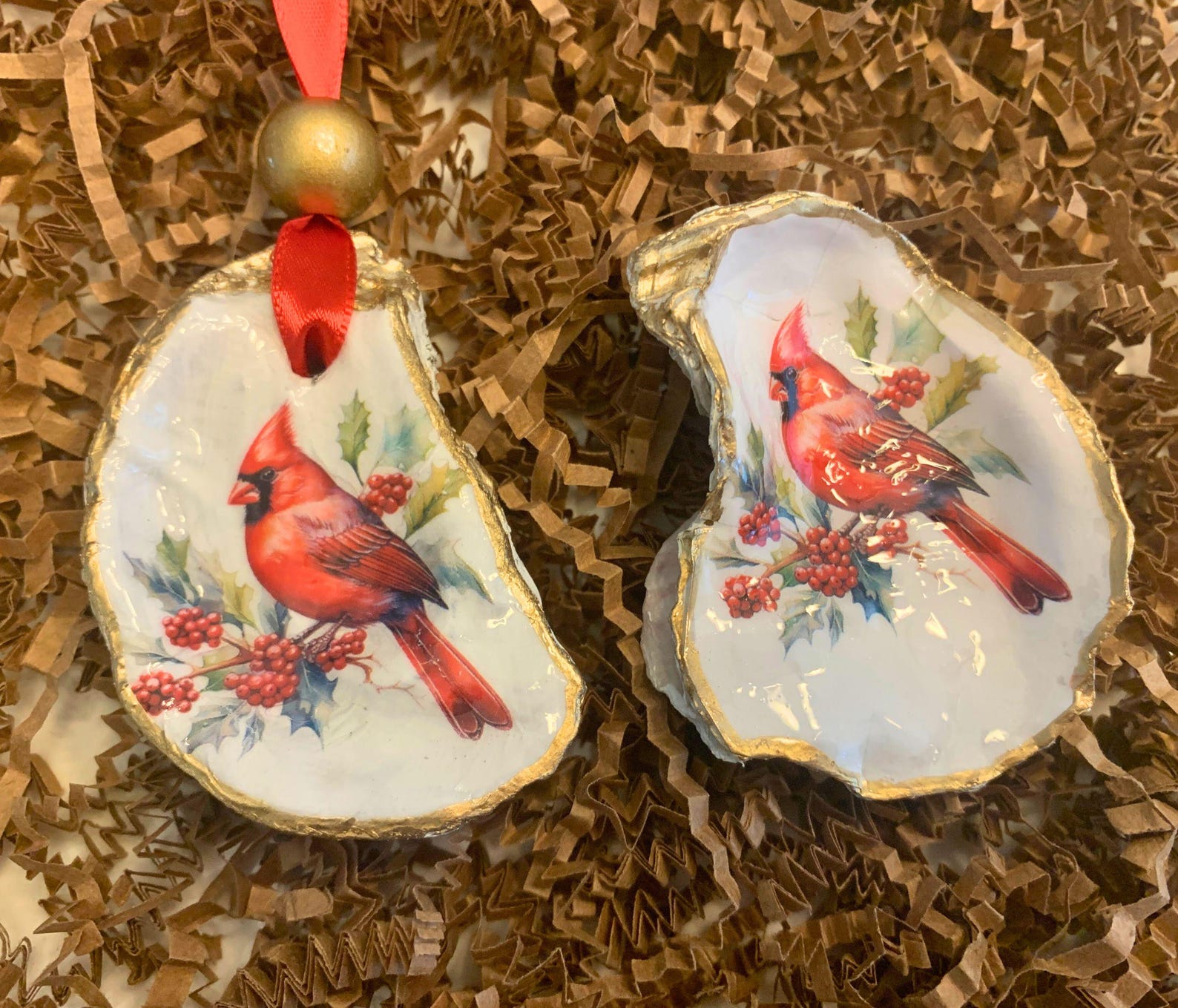 Red Cardinal Oyster Shell Ornaments, Bird Christmas Ornament, Decoupage ...