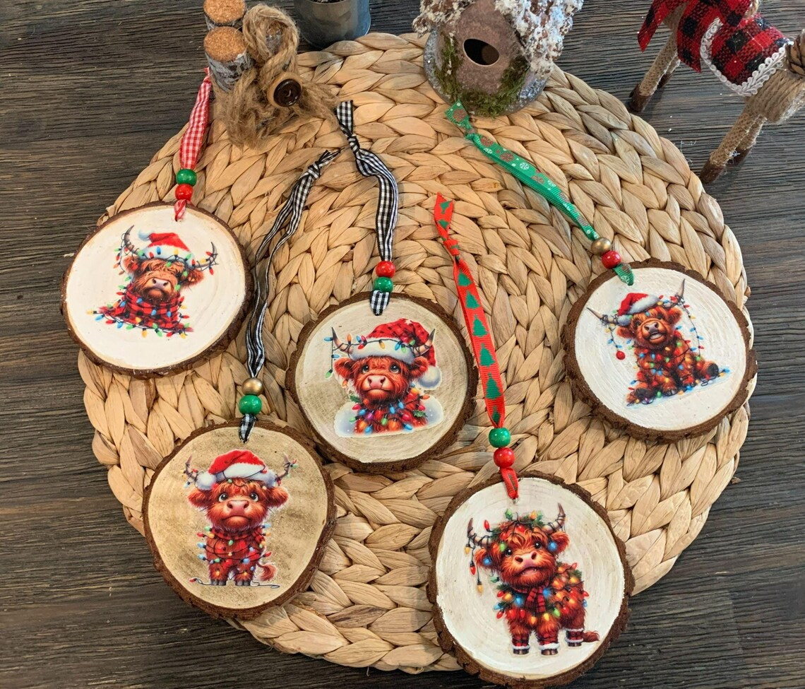 Rustic Christmas Highland Cow Ornament With Ribbon Hanger, Decoupaged ...
