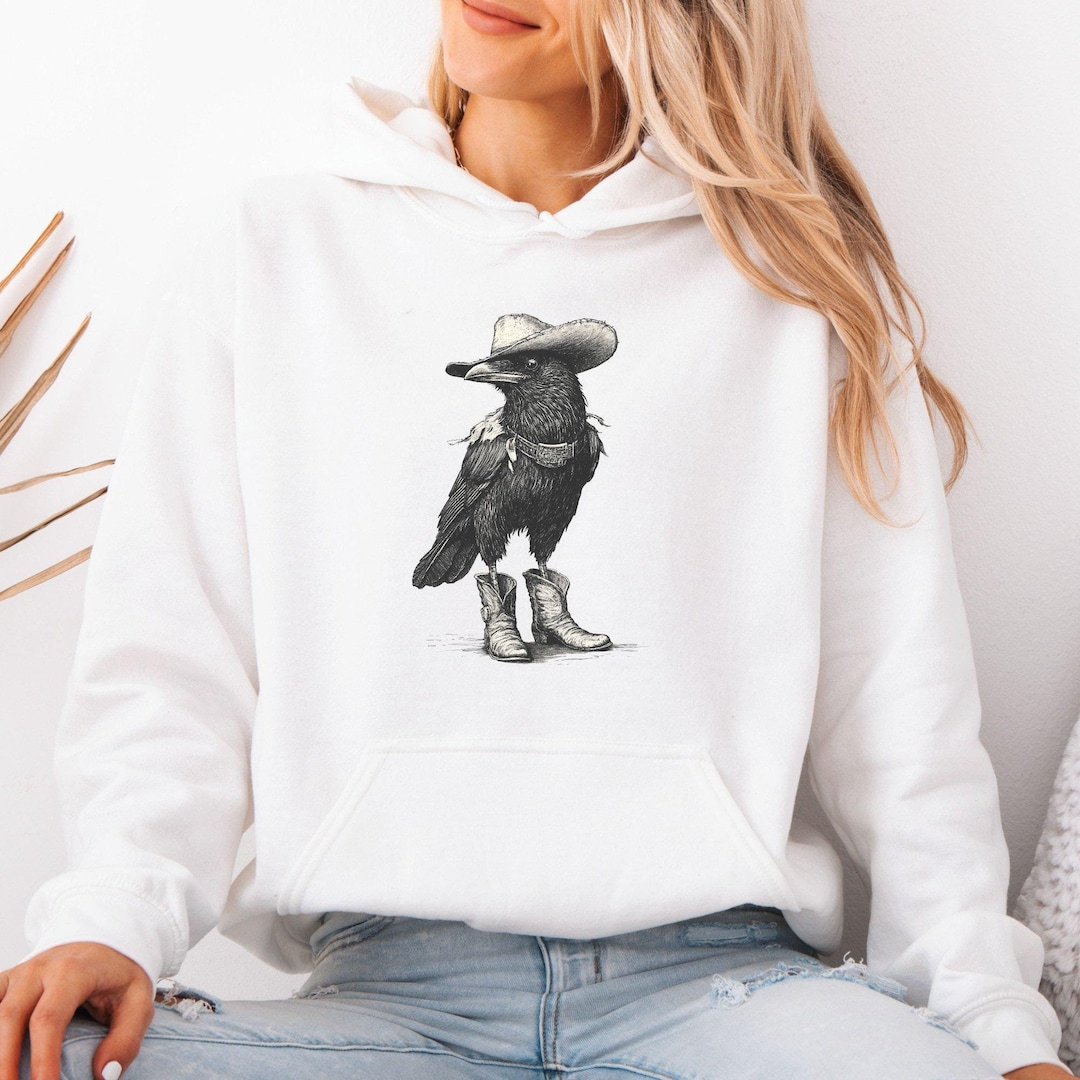 Funny Cowboy Crow Hoodie, Western Crow Meme Pullover, Vintage Crow ...