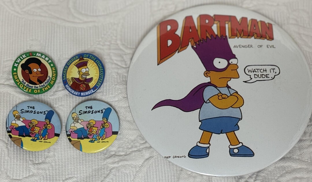 Simpsons Pin Lot Bartman Giant Jumbo Pin and 4 Smaller Pins Buttons ...