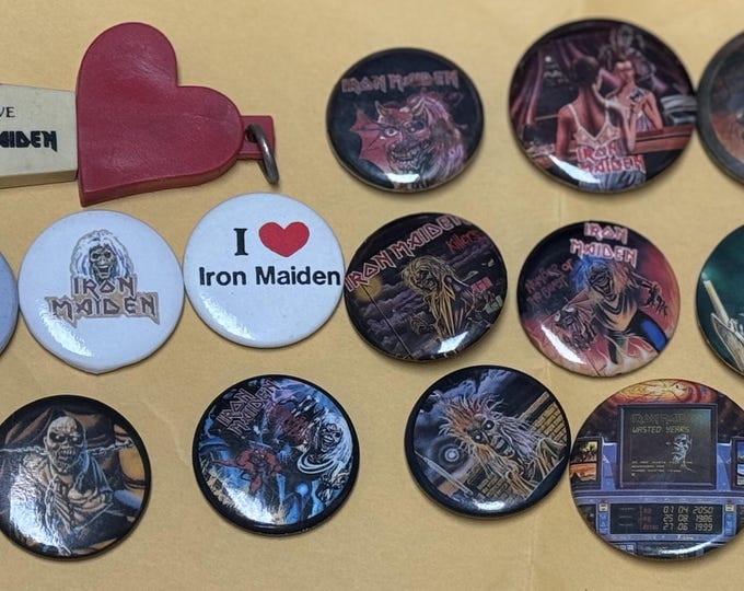 Iron Maiden Rock Heavy Metal Pin Lot 13 Buttons & Early 1980s Keychain ...