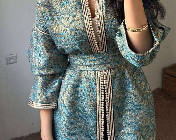 Blue Moroccan Jabadour: Handmade 3-piece Eid Outfit With Mdema Belt - Etsy