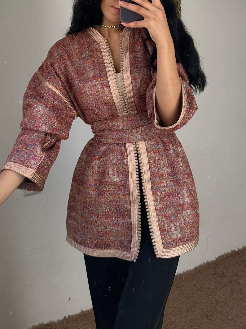 Jabadour marocain rose fait main : ensemble caftan 3 pièces avec ...