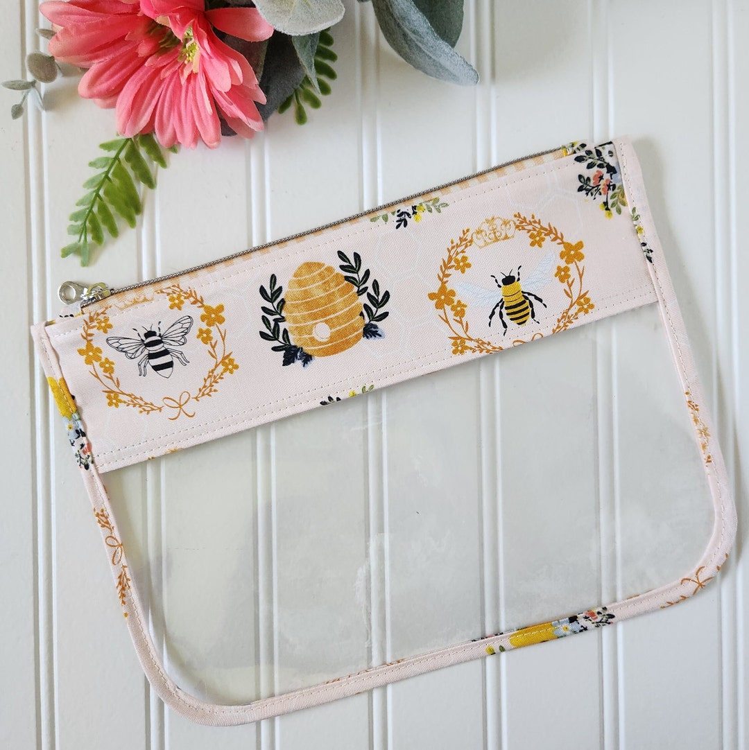 Bee Hive Floral LARGE Clear Flat Pouch, Clear Vinyl Zipper Pouch, Vinyl ...