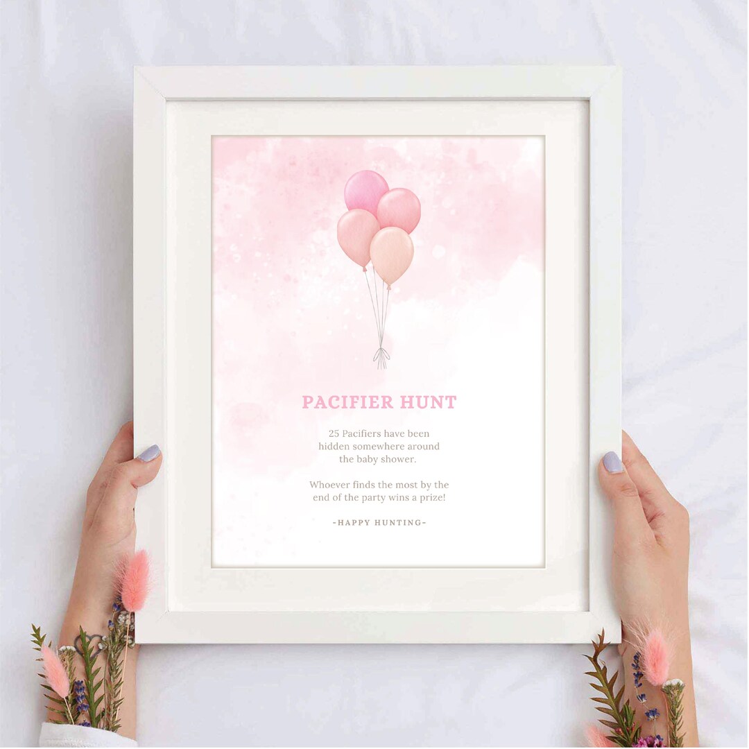 Pink Balloon Pacifier Hunt Sign: Girl Baby Shower Game - Ready to Pop ...
