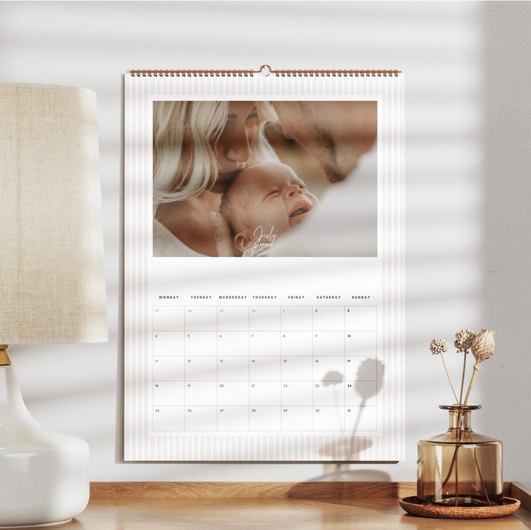 Striped Minimal Photo Calendar Template 2026, 11x14 Wall Editable Canva ...