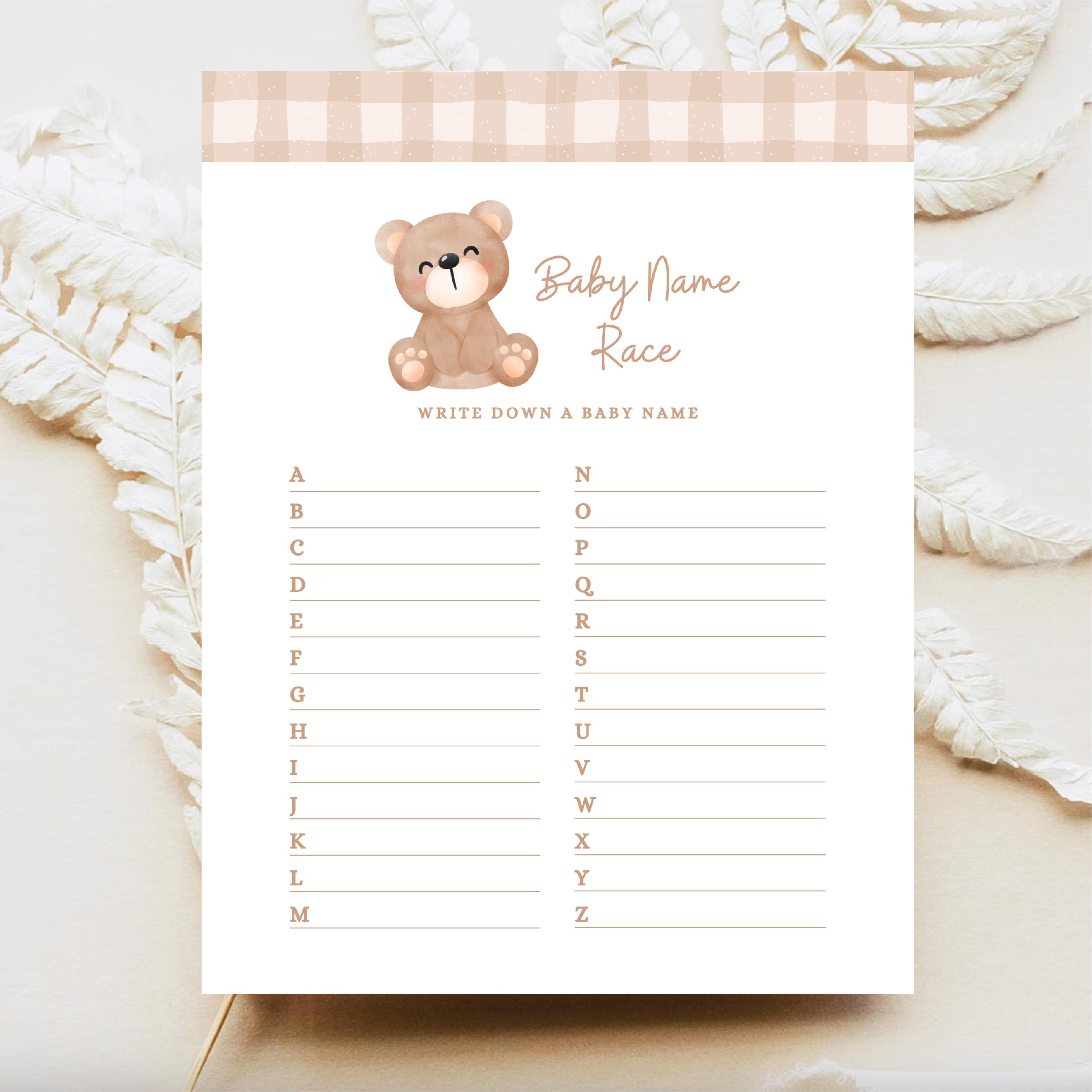 Teddy Bear Baby Shower Game: Name Race Activity (digital Download) - Etsy