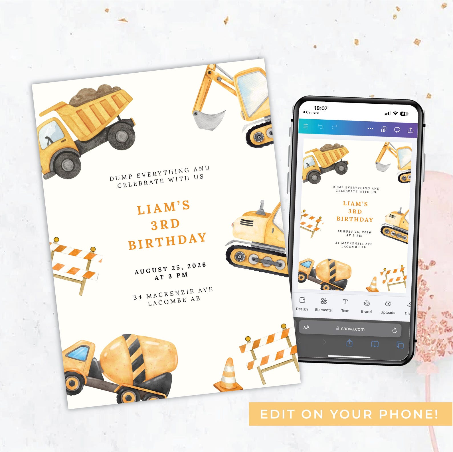 Construction Truck Birthday Invitation: Editable Canva Template (5x7 In ...