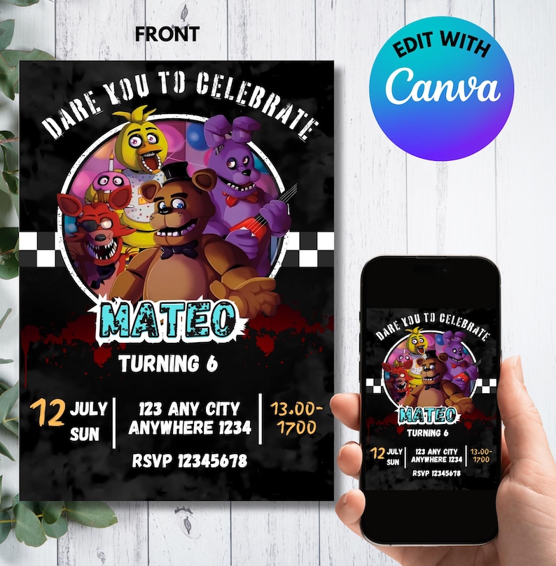 FNAF Birthday Invitation Template Five Nights at Freddy's Party Invite ...