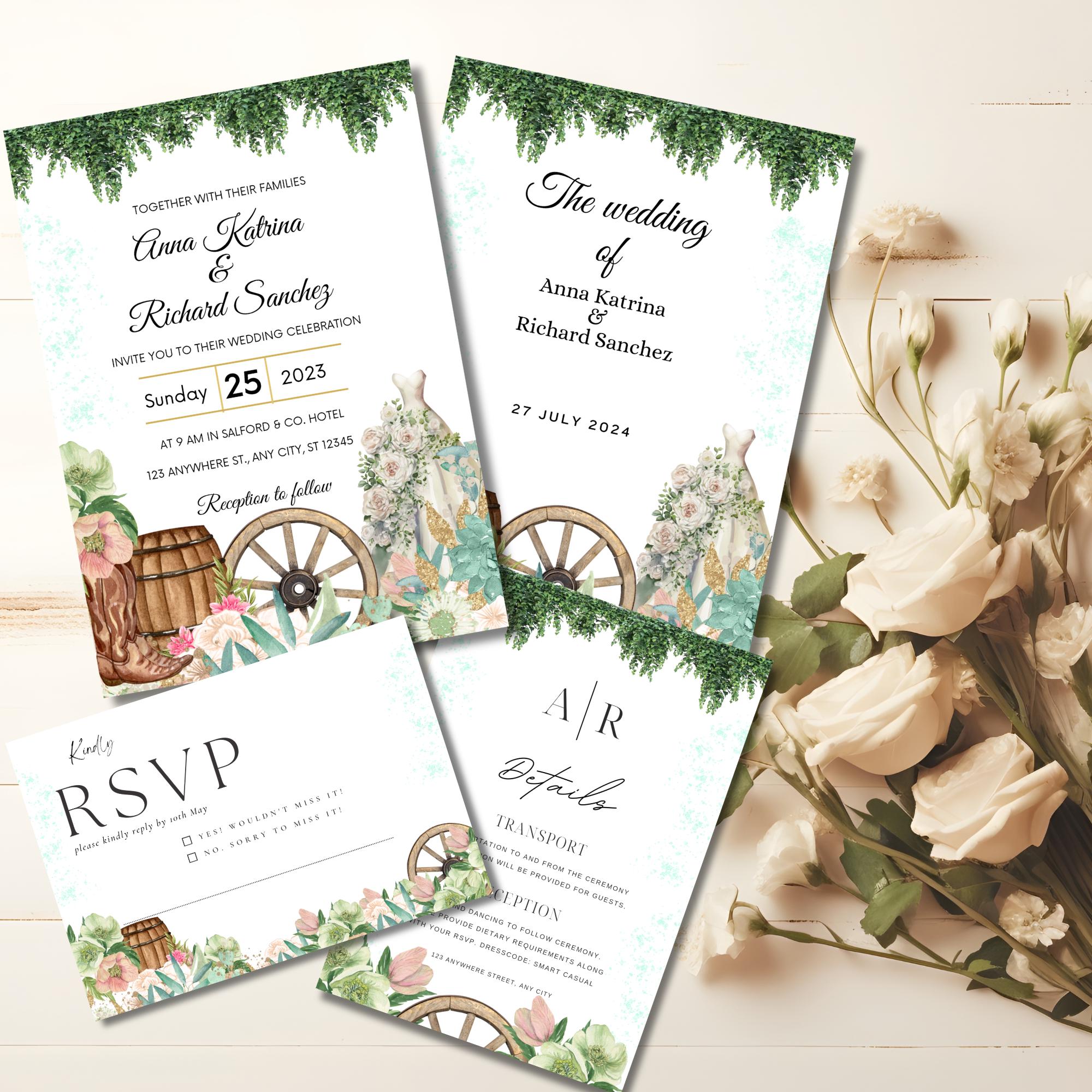 Editable Mint Wedding Invitation Rustic Cowboy Mint Wedding Card Country Wedding Invite ...