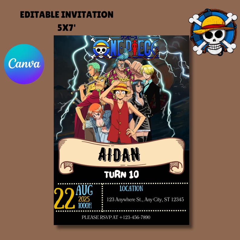 Editable Piece Birthday Invitation Template, Editable Anime Birthday ...