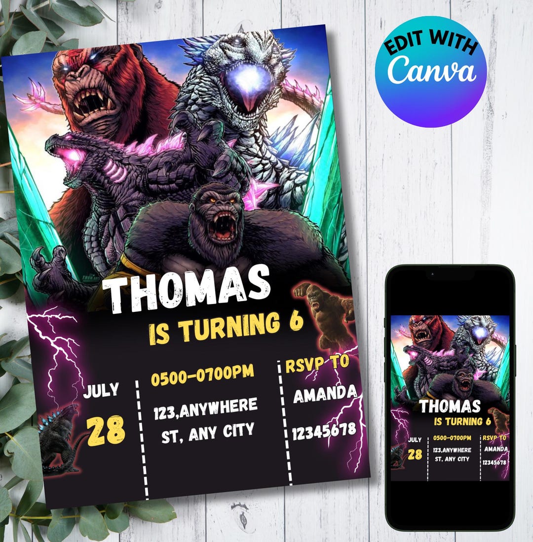 Godzilla Birthday Invitation Editable Template Kids Party Invite ...