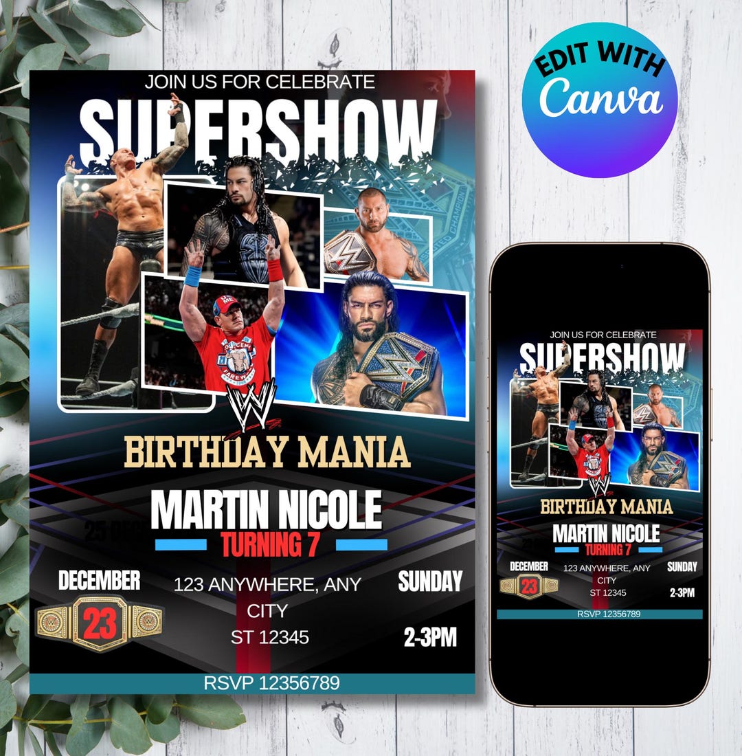 WWE Wrestling Birthday Invitation Fully Editable Digital Invite Print ...