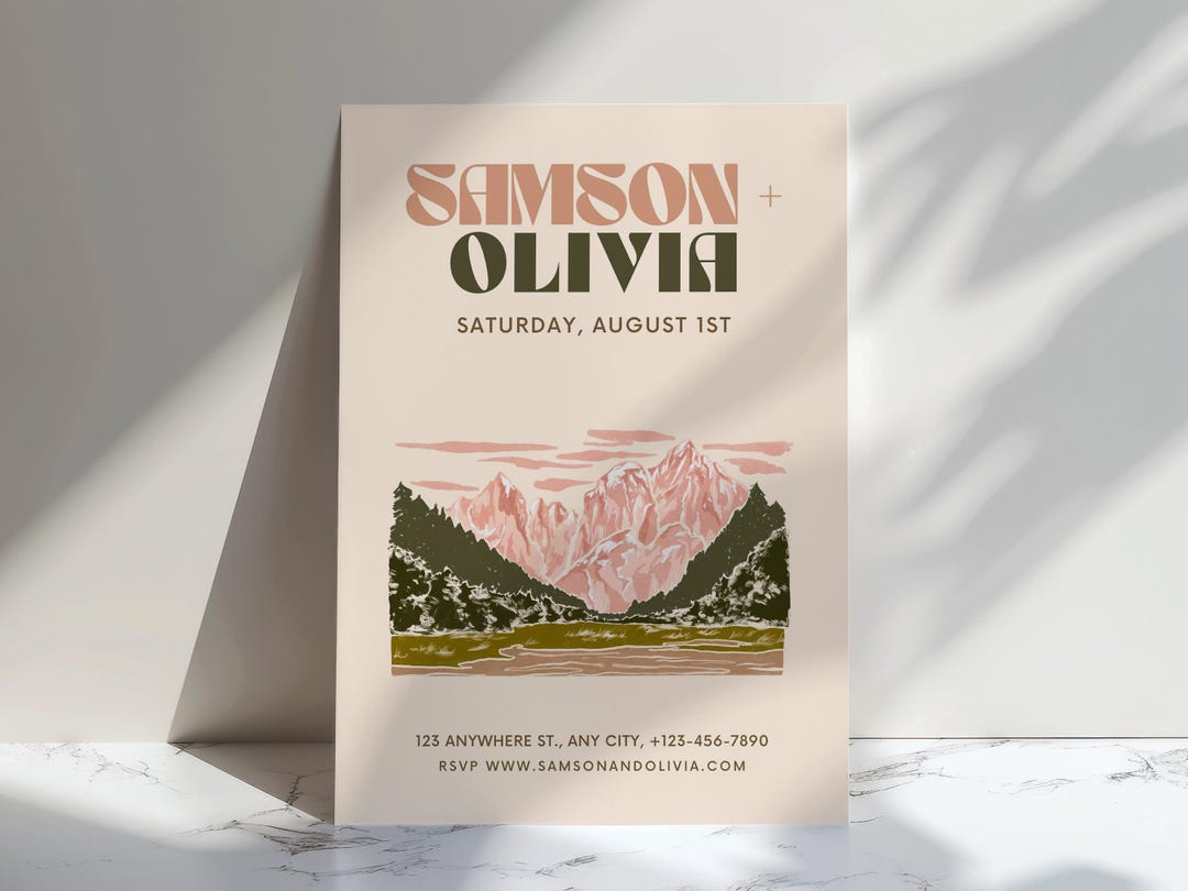 Retro Mountain Wedding Invitation Template: Editable Canva Design ...