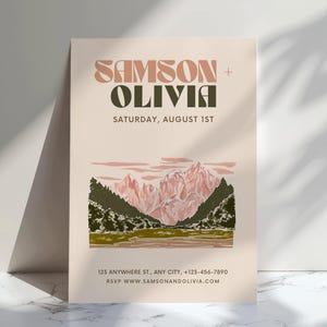 Retro Mountain Wedding Invitation Template: Editable Canva Design ...