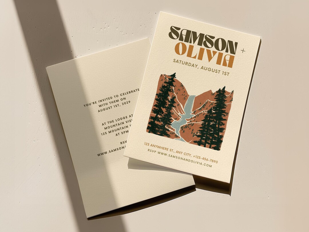 Retro Yellowstone Wedding Invitation Template: Mountain Waterfall ...