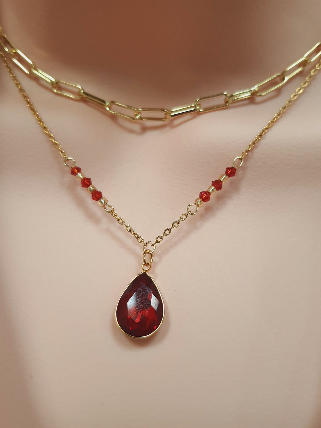 Gold Chain Necklace Layered Necklace Red Crystal Teardrop Necklace ...