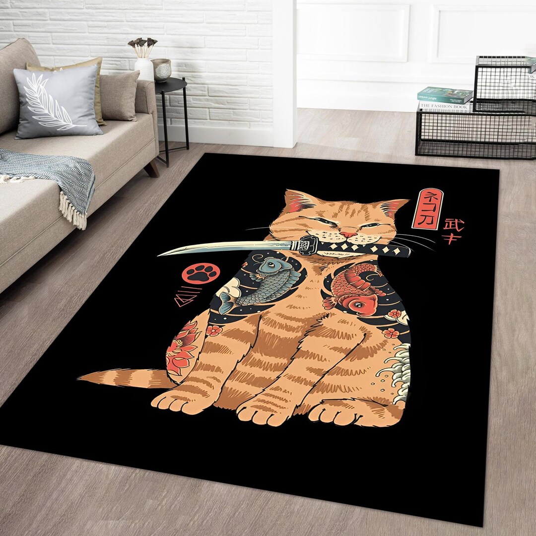 Japanese Rug, Katana Cat Rug, Ninja Cat, Samurai Cat, Japanese Cat ...