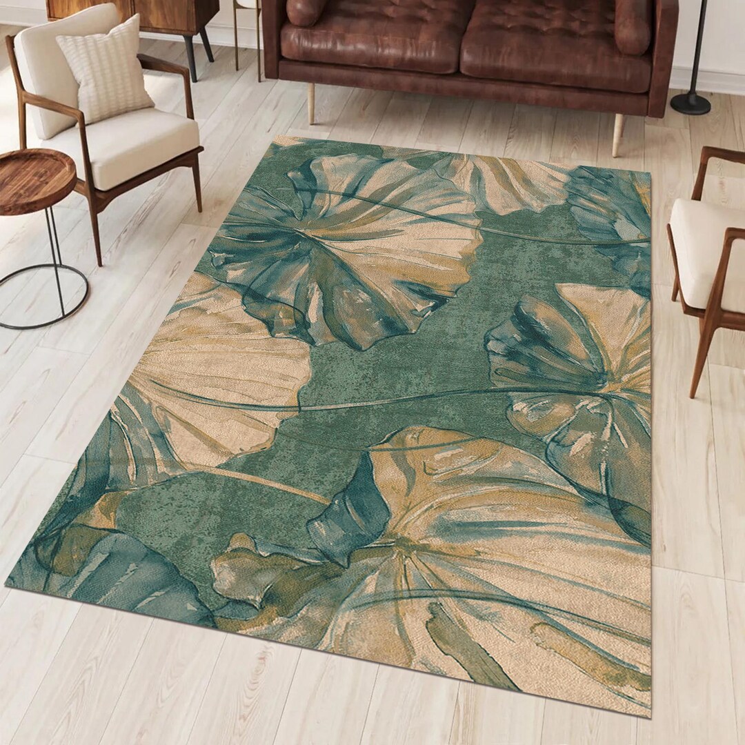 Leaf Pattern Rug, Boho Rug, Leaf Rug, Green Rug,area Rug, Living Room ...